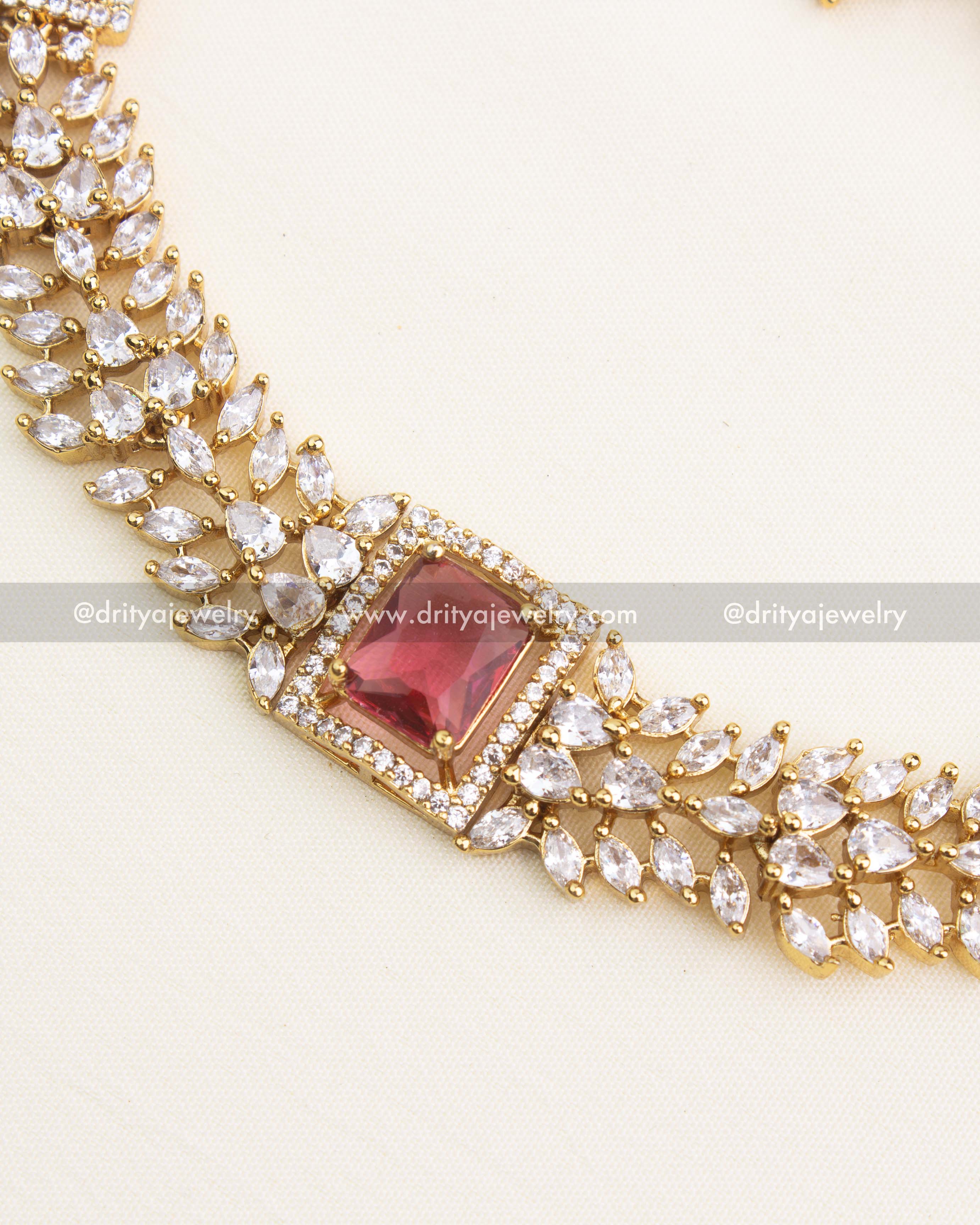 Premium Ruby Red CZ Short Necklace Set with Floral Link Design – Dritya ...